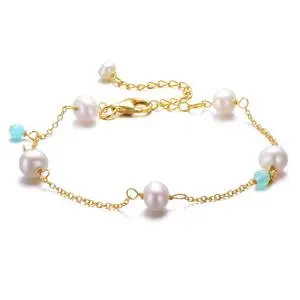 GENEVIVE Plated Bracelet With Pearls And Gemstone Accents - Gold