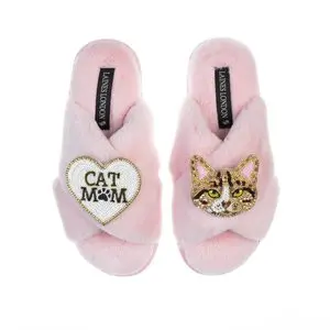 LAINES LONDON Classic Slippers With Cat Brooches - Pink