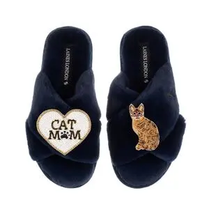 LAINES LONDON Classic Slippers With Cat Brooches - Blue