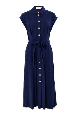 LOUCHE Reese Linen Mix Button Through Midi Shirt Dress Navy - Blue