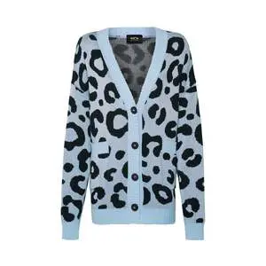 SVETA MILANO Georgia Light Blue/black Leopard-jacquard Long Cardigan - Black/blue