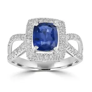 ARTISAN White / Blue Blue Sapphire & Diamond Halo Ring With Split Shank In 18k White Gold - White/blue