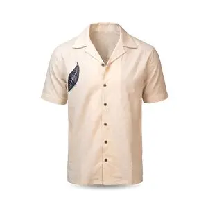 STOVARIA Camp Collar Half Sleeve Organic Cotton Shirt With Indigo Leaf Appliqu - White
