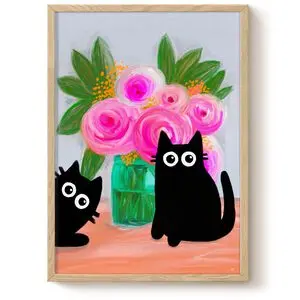 THE PAPER TAIL Cats And Roses Art Print A4 - Black