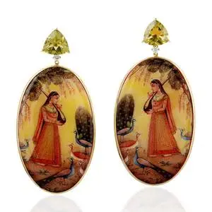 ARTISAN Picture Bakelite Earrings With Lemon Quartz, Diamond & 18k Yellow - Gold