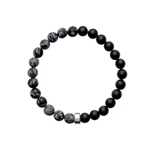 ORA PEARLS Black / White / Grey Aro Snowflake Obsidian & Onyx Bracelet Silver Bead Large - Black/white/grey