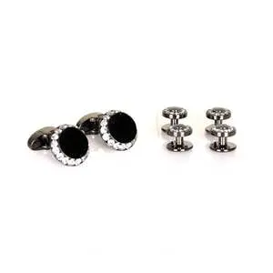 DAVID WEJ Black / Silver Black Crystal Cufflinks & Stud Set - Black/silver