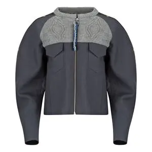 BOUTIQUE KAOTIQUE Black / Grey Handmade Indonesian Knitted Bomber Jacket - Black/grey