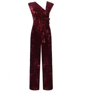 NALÈ Burgundy Velvet Sequin Jumpsuit – Festive Party Style - Red