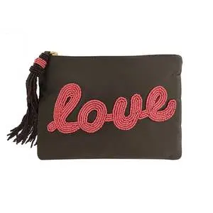 SIDNEY BYRON Leather Mini Clutch With Love Beading - Brown