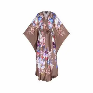 MENG Chocolate Watercolour Flowers Silk Satin Wrap Dress - Brown
