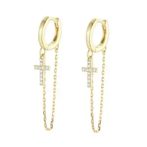 KAMARIA Cross Chain Huggie Earrings With Crystals - Gold