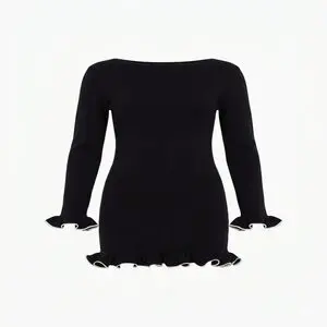 ASHITA FERNANDES Milano Knit Body-skimming Short Dress With Boat Neck & Ruffle Detail - Black