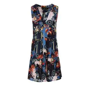 CONQUISTA Sleeveless Navy Flora Print A Line Dress - Blue