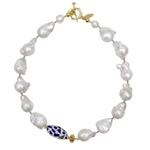 FARRA Gorgeous Baroque Pearls With Lapis Rhinestone Necklace - White