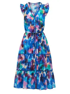 CHANGE OF SCENERY Blue / Red Emily Tiered Maxi Shirt Dress In Giverny Gardens Metallic Print - Blue/red