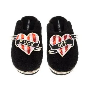 LAINES LONDON Teddy Closed Toe Slippers With Embellished Brooches - Black/gold