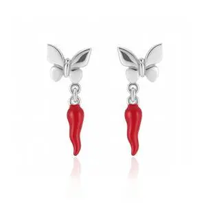 UNALOE Silver / Red Butterfly Earrings In Sterling Silver With Lucky Charm – Butterfly & Cornicello Stud Earrings - Silver/red