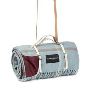 HEATING & PLUMBING LONDON Duck Egg Checked Pure New Wool Picnic Blanket With Long White Strap - Blue