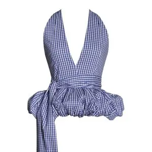 MISS CIRCLE NEW YORK Ilene & White Checkered Bubble Hem Halter Top - Blue