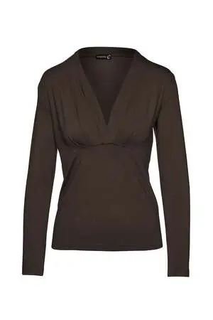 CONQUISTA Long Sleeve Faux Wrap Top In Stretch Jersey Sustainable Fabric - Brown