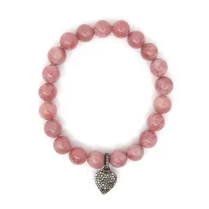 Shar Oke Silver / Pink Pink Opal & Diamonds Heart Charm Beaded Bracelet - Silver/pink