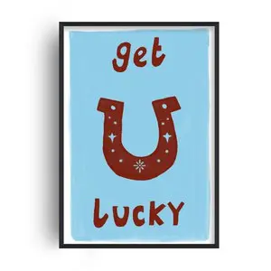 FANCLUB Blue / Brown Get Lucky Horse Shoe Hand Painted Western Playful Art Print Large A2 - Blue/brown