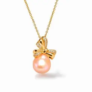 NINEMOO Belle Bow Pendant Necklace With Freshwater Pearl And Zirconia - Gold
