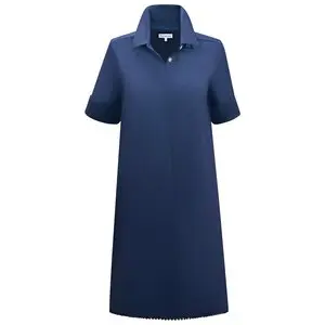 PERLAVERA Greta Navy Solid Cotton Twill Spandex Short Sleeve Length Missy Fit Midi Dress - Blue