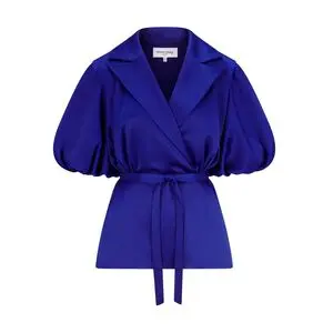 FEMPONIQ Draped Puff Sleeve Belted Blouse Royal - Blue