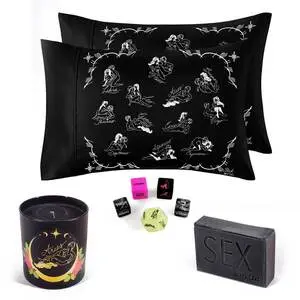 BLACK CAKE Aries Pleasure Pack- Zodiac Horoscope Love Pillowcase, Soap, Dice, Candle Set - Black