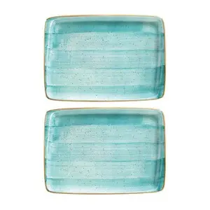 Turgla Home Aqua Rectangular Porcelain Sharing Plate Set Of Two - Blue