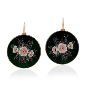 ARTISAN 18k Gold Bakelite & Enamel Hand-painted Floral Drop Earrings - Pink