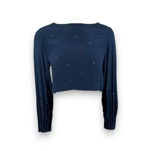 MONZLAPUR NEW YORK Cropped Silk Top With Embellished Pleated Cuffs - Blue