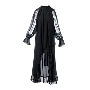 CONCEPT A TROIS Long Dress With Split Bell Sleeves And A Slight Train - Black