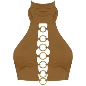 ANTONINIAS Gold / Brown Panama Halterneck Tie Fastening Bikini Top With Golden Details In Golden Brown - Gold/brown