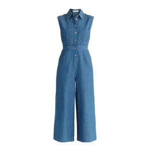 PAISIE Wide Leg Denim Jumpsuits In Stripes In Denim - Blue