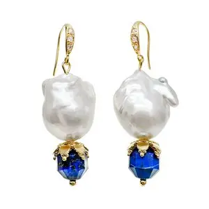 FARRA Baroque Pearls With Lapis Earrings - White