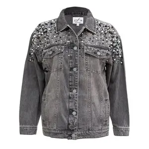 SANA T Hand Crafted Rhinestone Royalty Denim Jacket - Grey