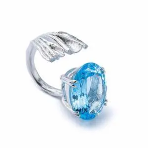 GERMAN KABIRSKI Caelum Silver Textured Open Ring With Natural Oval Cut Blue Topaz - Blue/silver