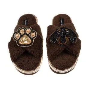 LAINES LONDON Sausage Dog & Paw Boucle Slippers - Brown