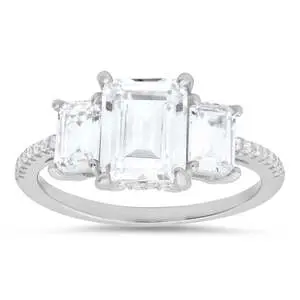 KYLIE HARPER Three Stone Emerald Cut Diamond Cz Statet Ring In Sterling - Silver