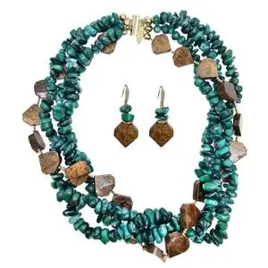 FARRA Bamboo Coral With Tiger Eye Stone Multi-layers Necklace And Earrings Set - Green