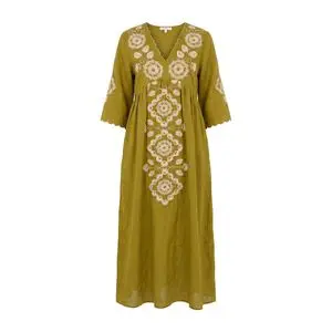 RAFFYA Arianna V- Neck Embroidered Maxi Dress In Chartreuse - Green
