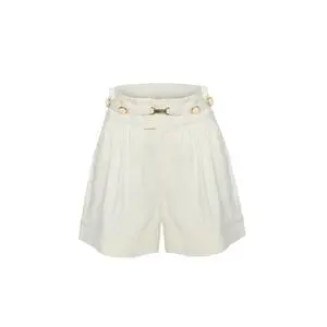 WOMEN & WOMEN Neutrals/ High-waisted, Accessorized Belt Detailed, Pleated Ecru Shorts