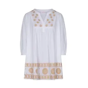 LA MANDARINE White / Pink White Cotton Gauze Beach Kaftan With Pink Embroidery And Pockets - White/pink
