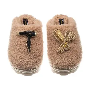 LAINES LONDON Teddy Slippers With Hairdresser Brooches - Brown
