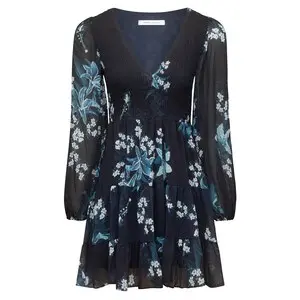 URBAN TOUCH Floral Print Long Sleeve Smock Dress Navy - Blue