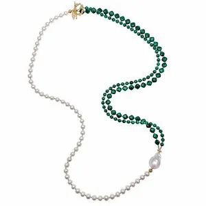 FARRA Malachites With Freshwater Pearls Multi Strands Necklace - Green