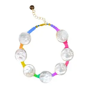 ADRIANA PAPPAS DESIGNS Coin Pearl Anklet On Colored Cord Rainbow - Yellow